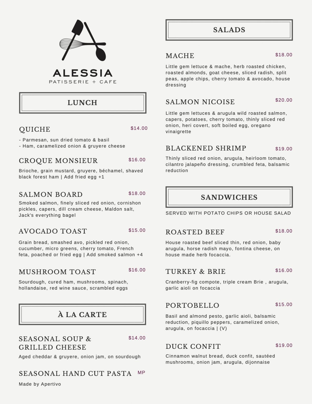 Siteline | First Look at the Menus for Alessia Patisserie & Cafe
